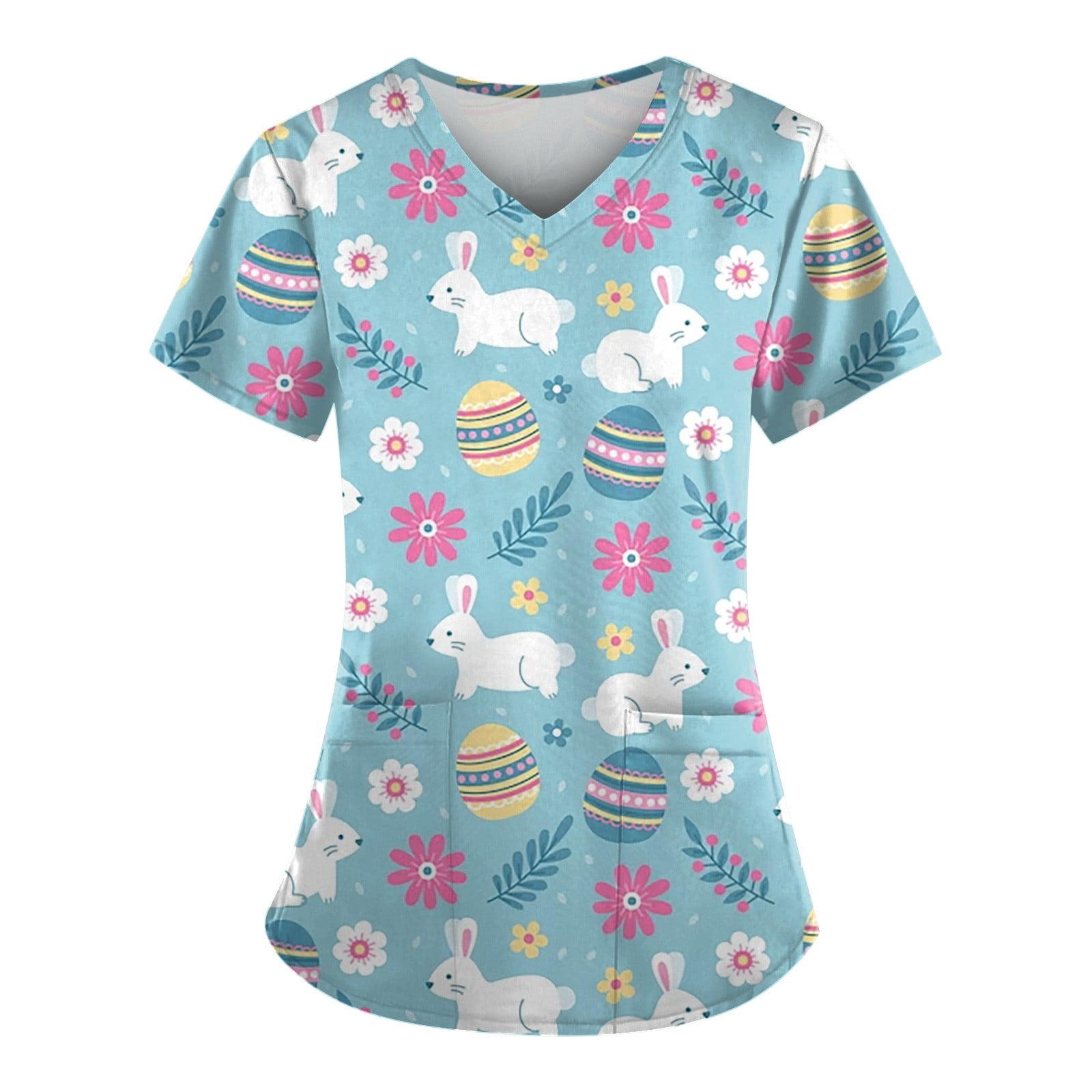 Easter Women Shirt Scrub Shirts for Women V-Neck Short Sleeve Bunny Egg ...