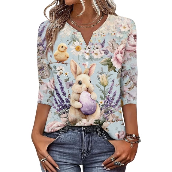 Easter Womens 3/4 Sleeve Tops Festive V Neck Bunny Egg Print Shirts ...