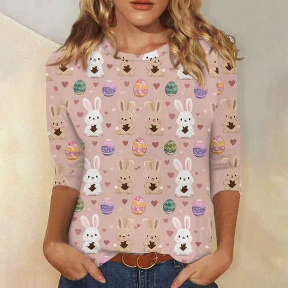Easter Womens 3/4 Sleeve Tops Loose Fit Bunny Egg Print Crew Neck ...