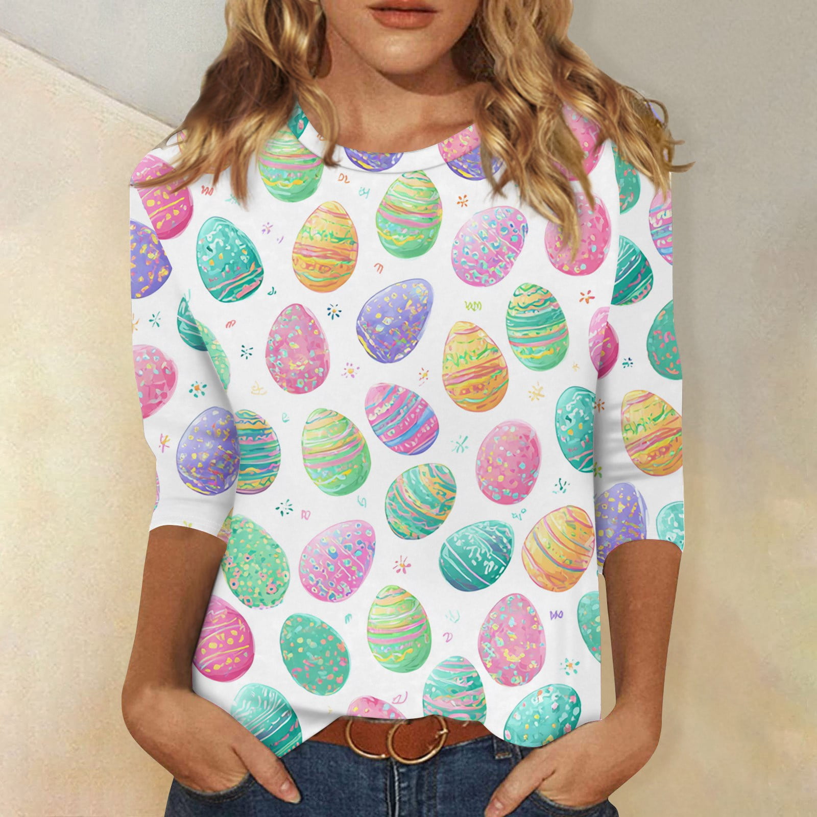 Easter Womens 3/4 Sleeve Tops Loose Fit Colorful Eggs Print Crew Neck ...