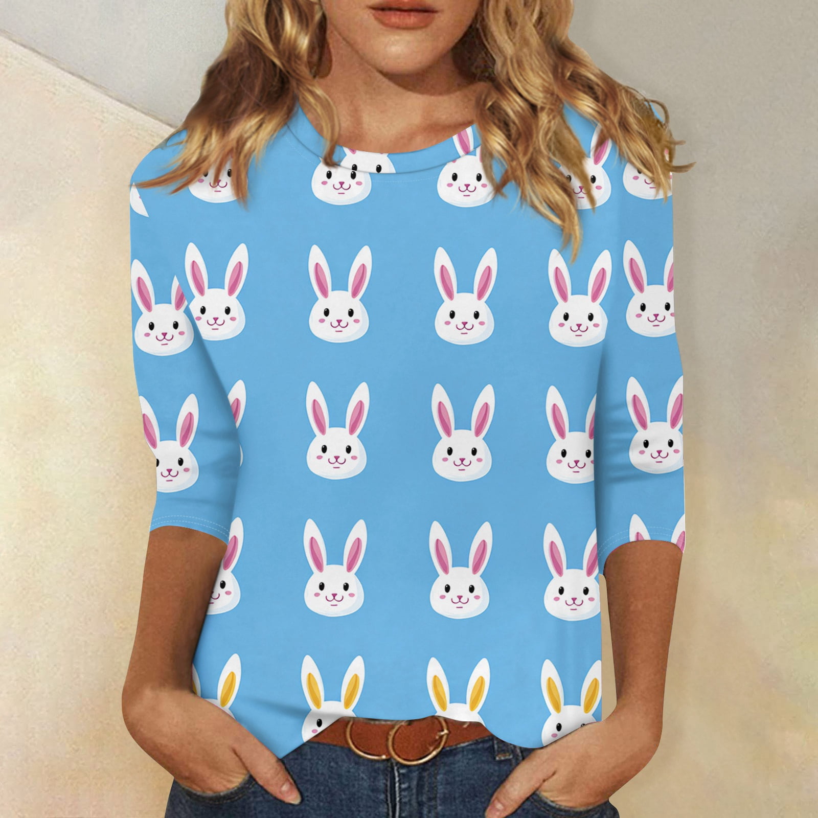 Easter Womens 3/4 Sleeve Tops Loose Fit Crew Neck Colorful Eggs Print T ...