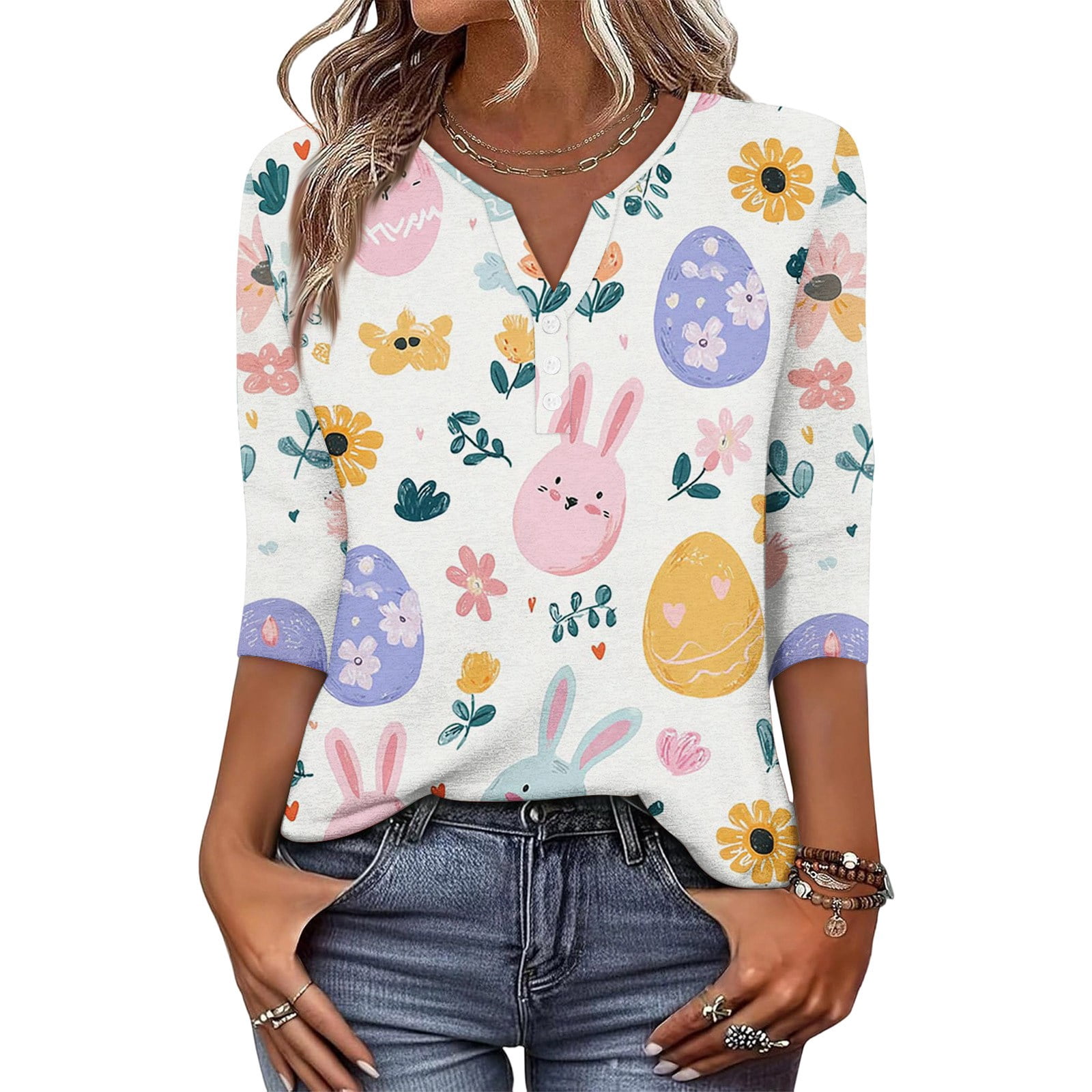Easter Womens 3/4 Sleeve Tops Loose Fit V Neck Bunny Egg Print Shirt ...