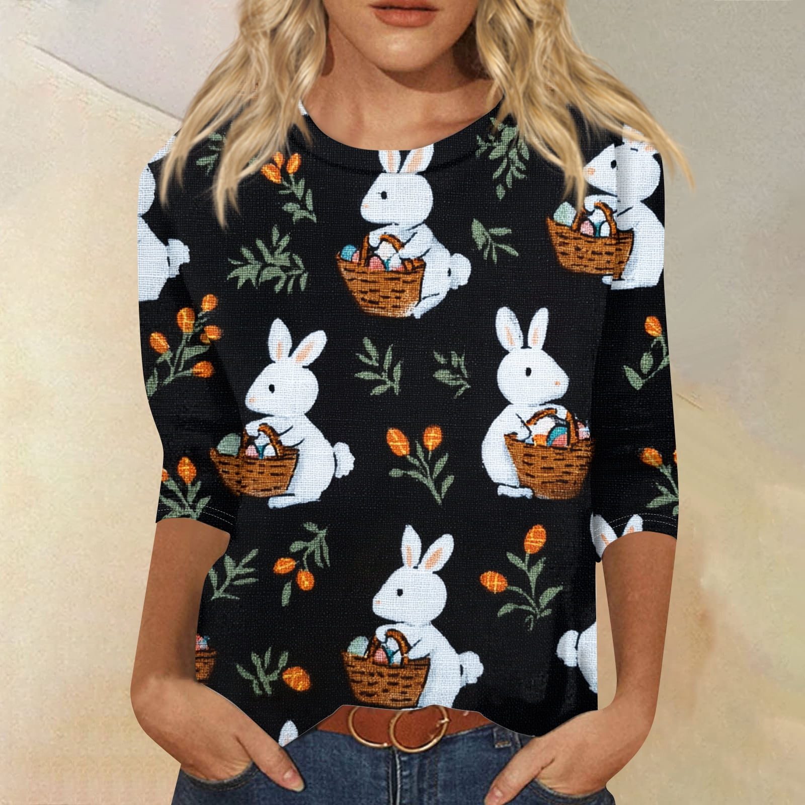 Easter Womens 3/4 Sleeve Tops Soft Stretch Colorful Eggs Print Crew ...