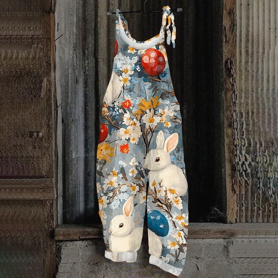 Easter Womens Overalls Retro Bunny Print Wide Leg Overalls Casual ...