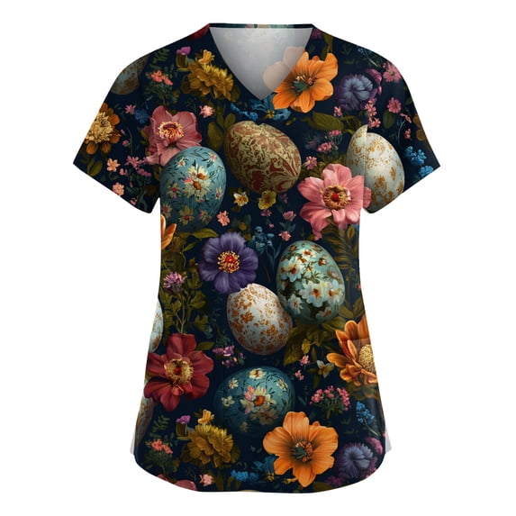 Easter Womens Scrub Tops Loose Short Sleeve Funny Bunny and Egg Printed ...