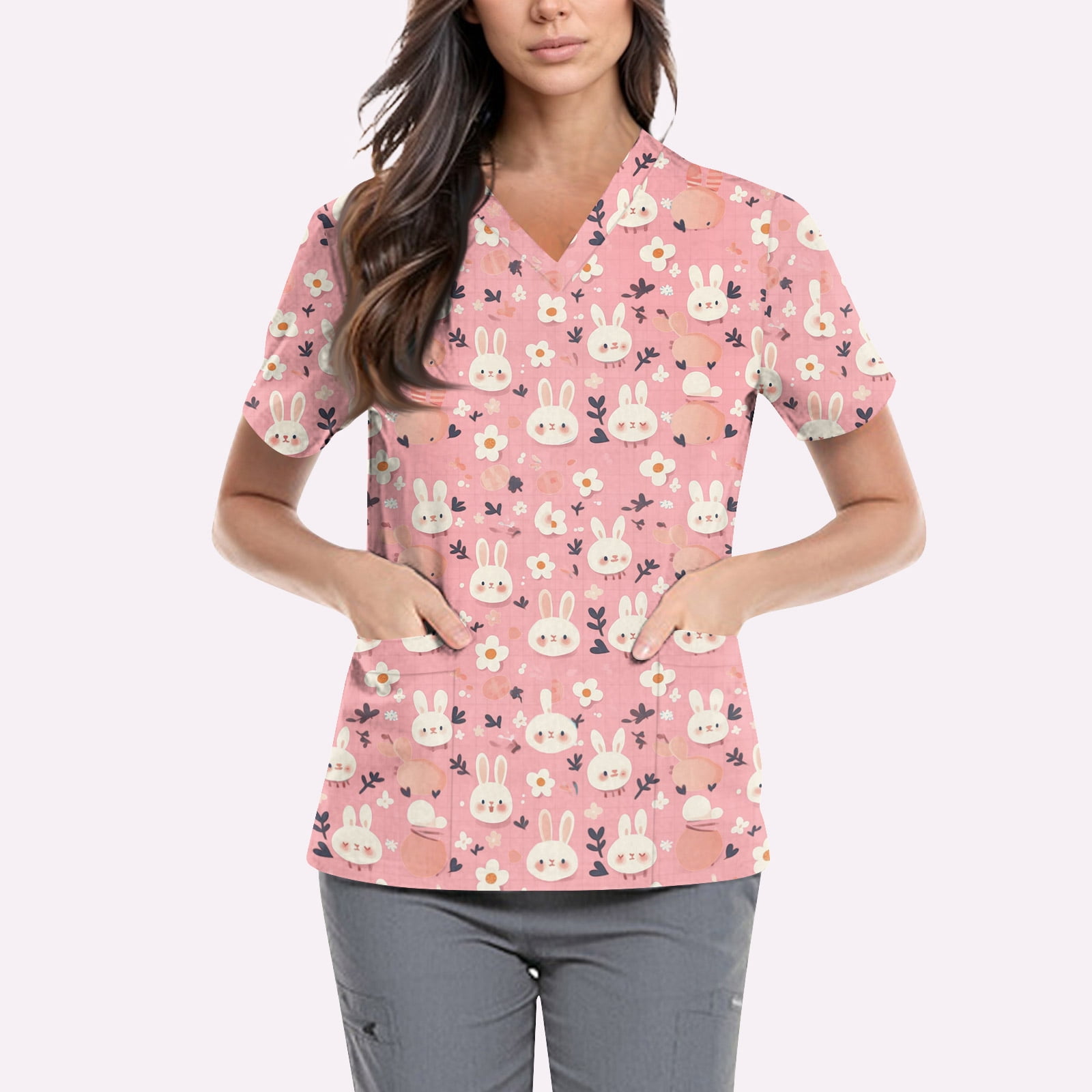 Easter Womens Scrubs Plus Size Colorful Eggs Print V Neck Nursing ...