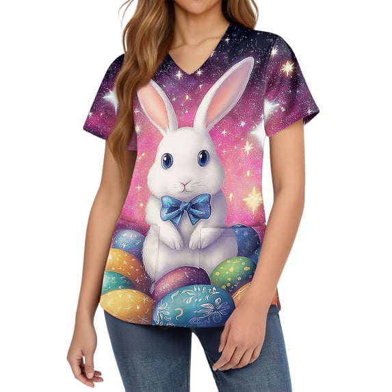 Easter Womens Scrubs Tops Nurse Bunny Egg Print V Neck Nursing Uniform ...