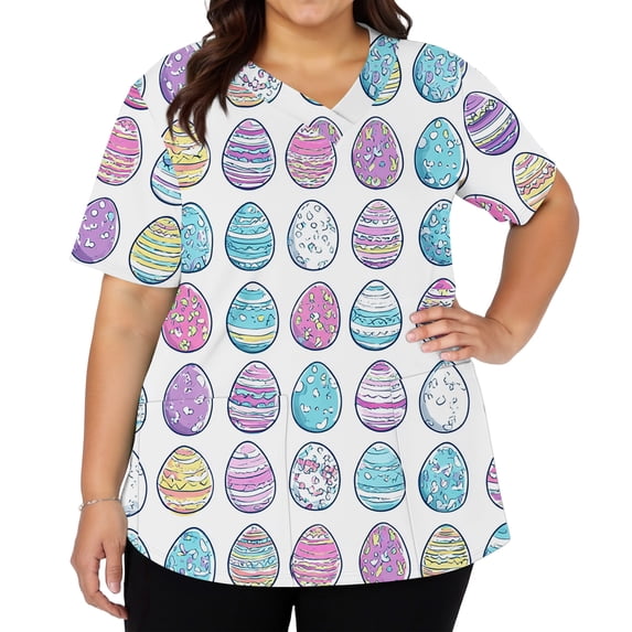 Easter Womens Scrubs Tops Plus Size Colorful Eggs Print V Neck Nursing ...