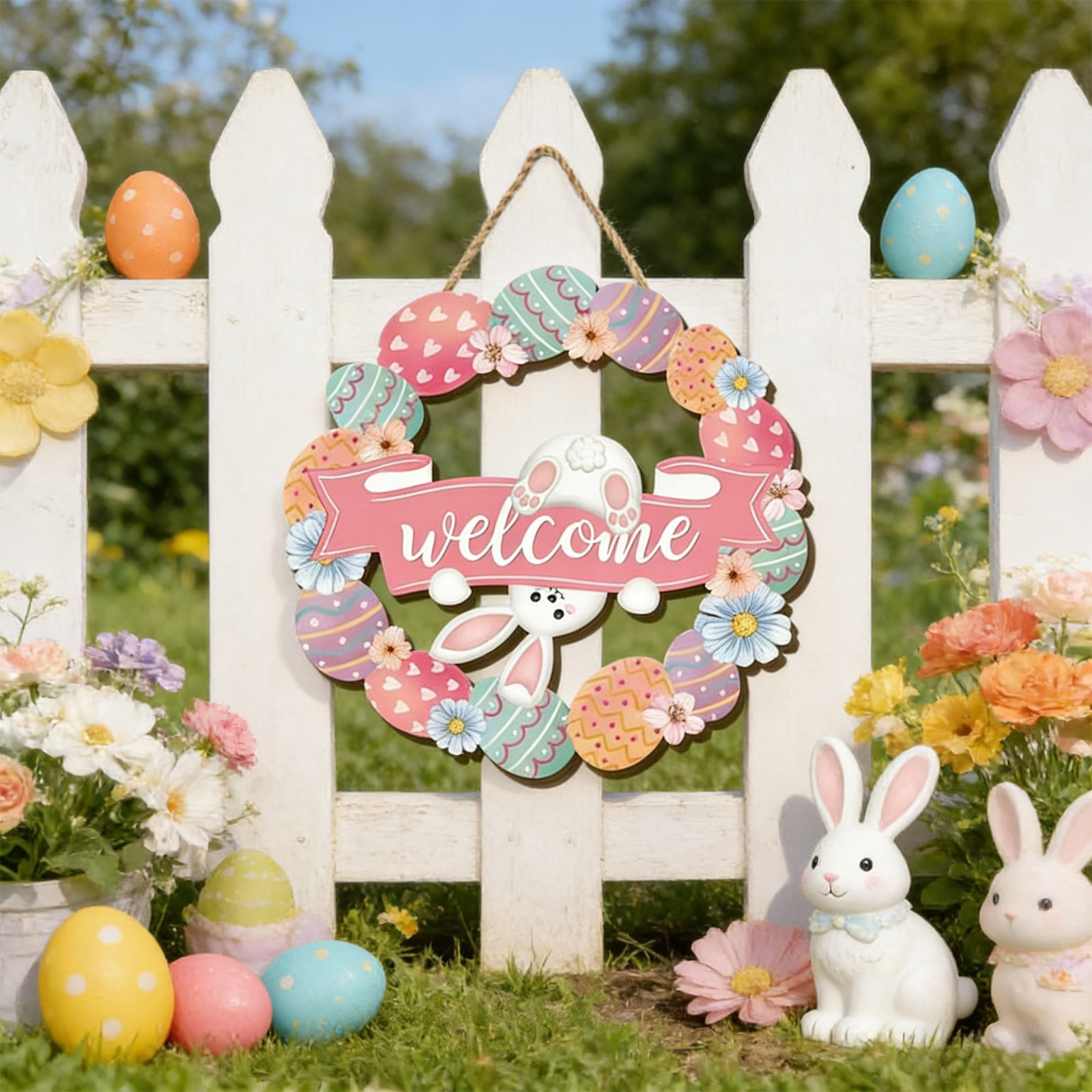 Easter Wood Door Sign with Rabbits and Eggs Hanging Decoration for Home ...