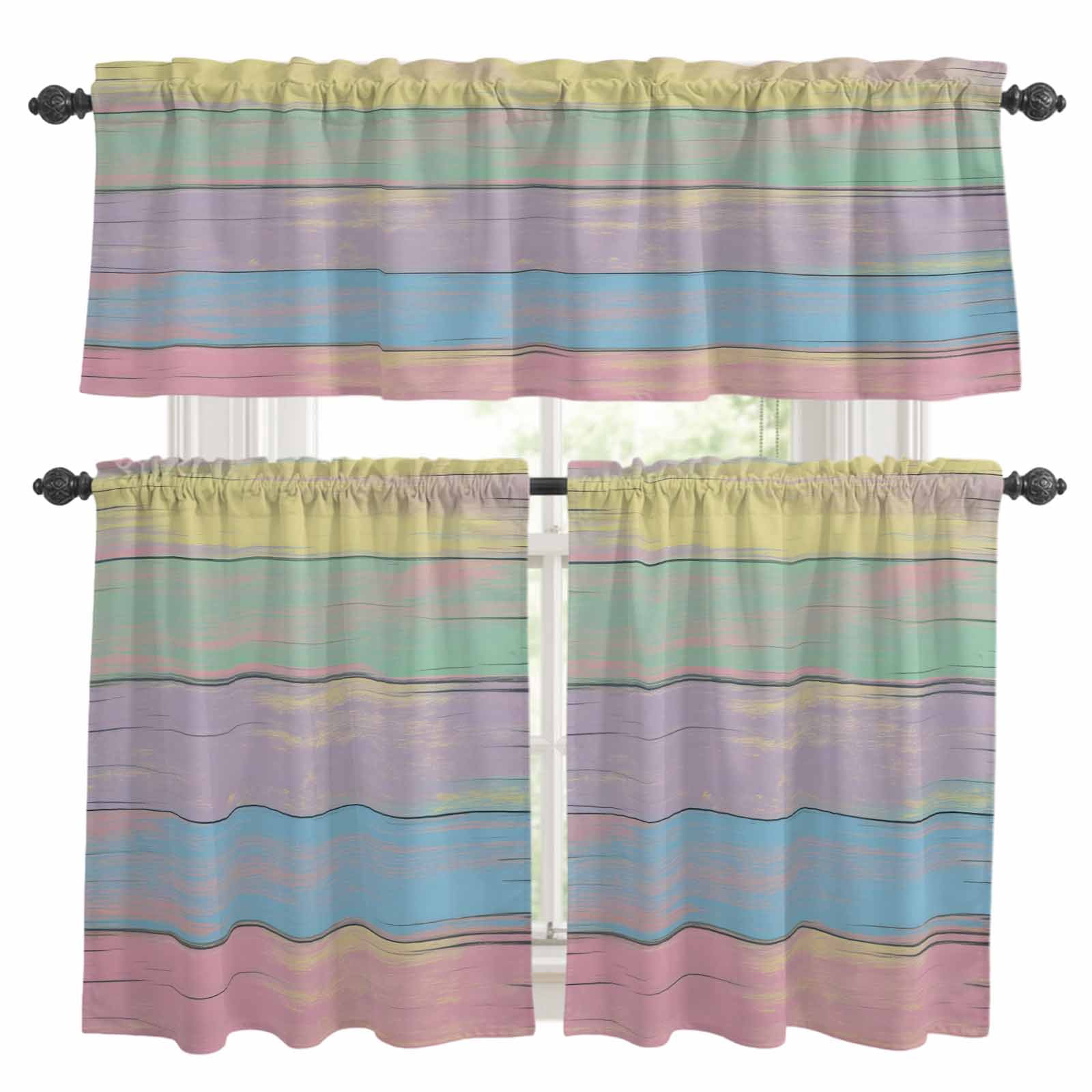Easter Wood Striped Kitchen Curtains and Valances Set, Pink Blue Green ...