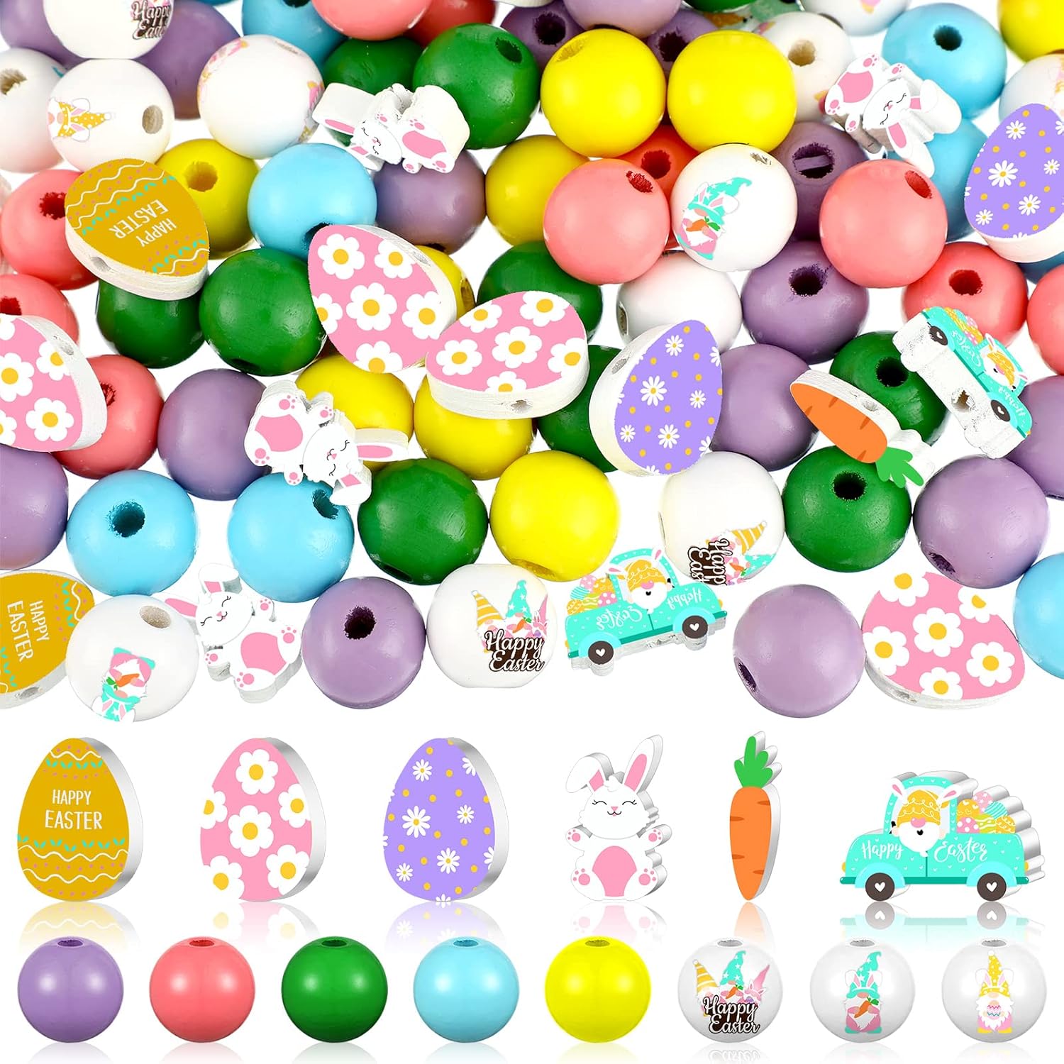 "Easter Wooden Beads (Colorful Round Flat, Egg Colored Wood Craft with ...
