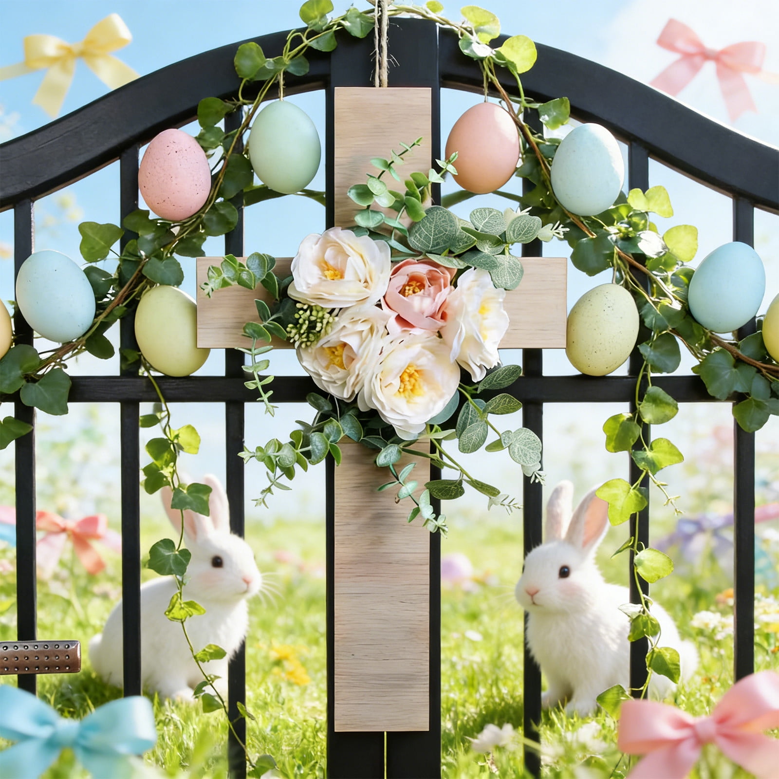 Easter Wooden Cross Decor, 17.3" x 9.8" Floral Cross Wreath with ...
