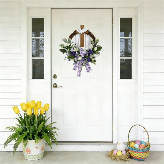 Easter Wooden Cross Wreath Decorated with White Lily and Purple Ribbon ...