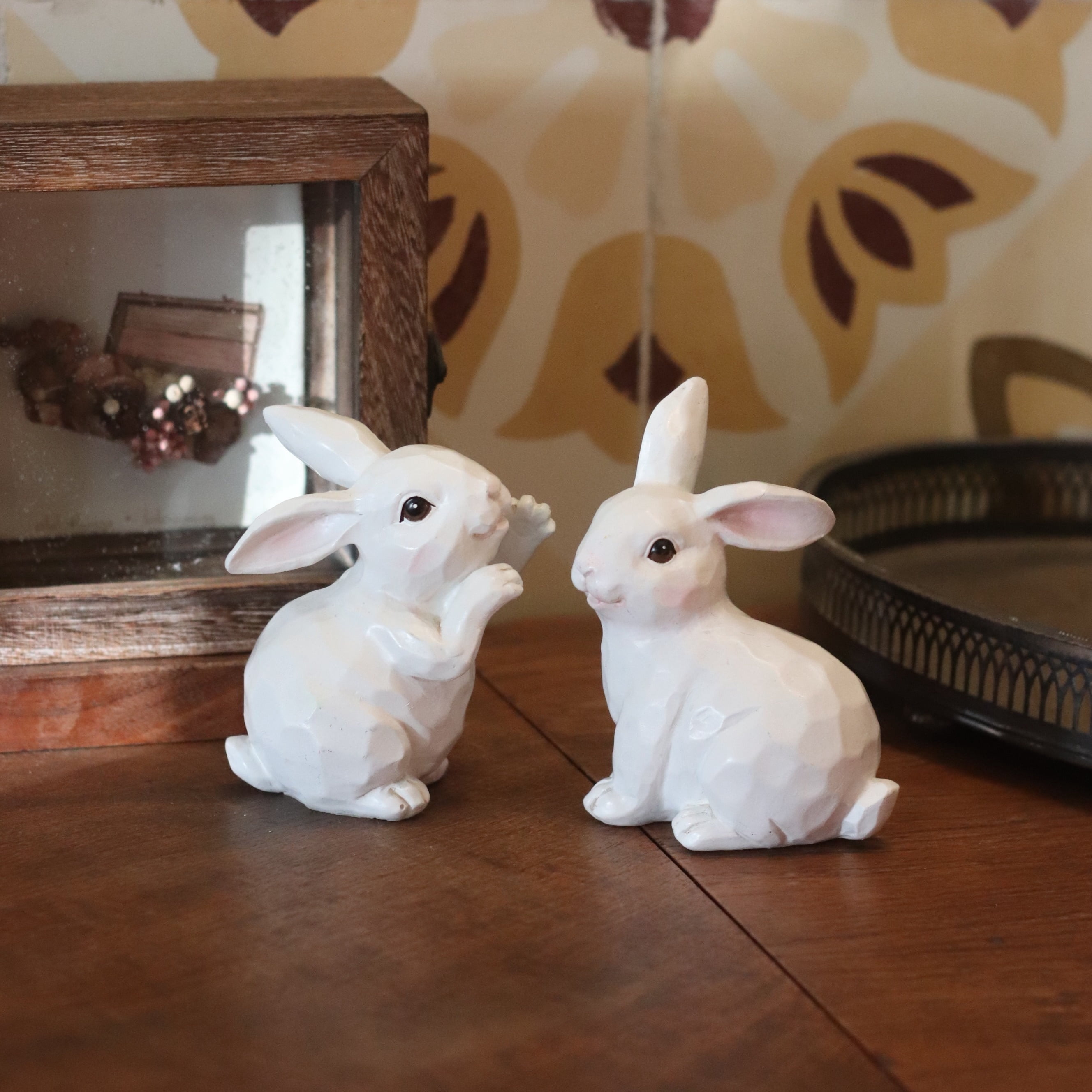 Easter Wooden Effect Rabbits - White Resin Figurines with Detailed ...