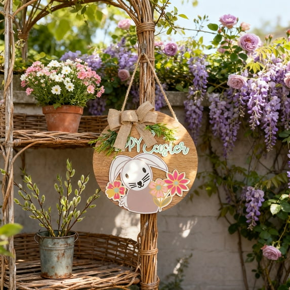 Easter Wooden Hanging Sign Front Door Decor Bunny Welcome Sign with Bow ...