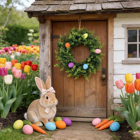 Easter Wreath with Bunny Sign Green Leaves Garland Spring Summer Door ...