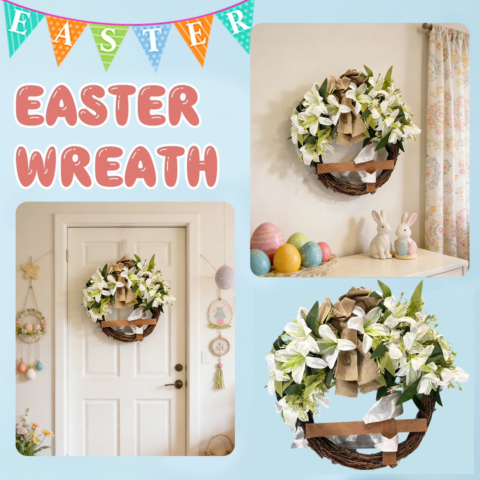 Easter Wreath with Cross 14" Spring Door Decor Handmade Summer Lily ...