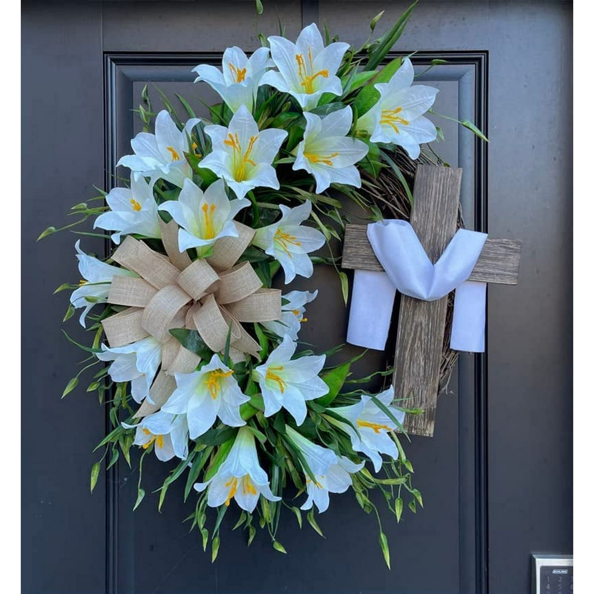 Easter Wreath with Cross 16" Spring Door Decor Handmade Summer Lily ...