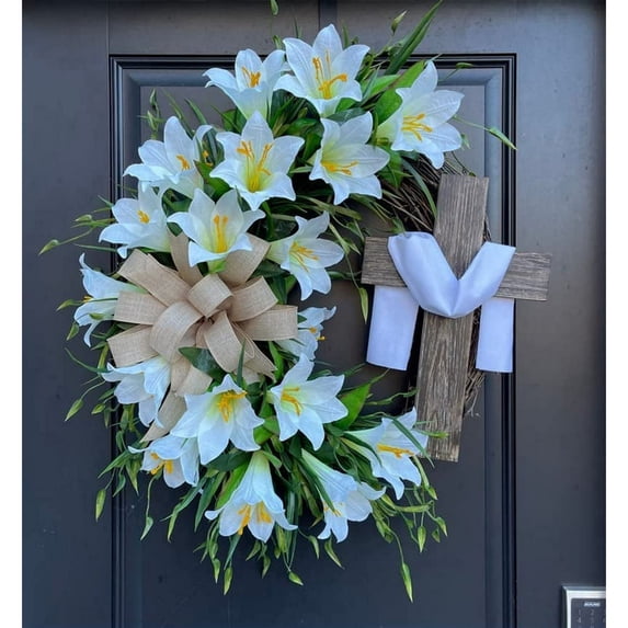 Easter Wreath with Cross 16" Spring Door Decor Handmade Summer Lily ...
