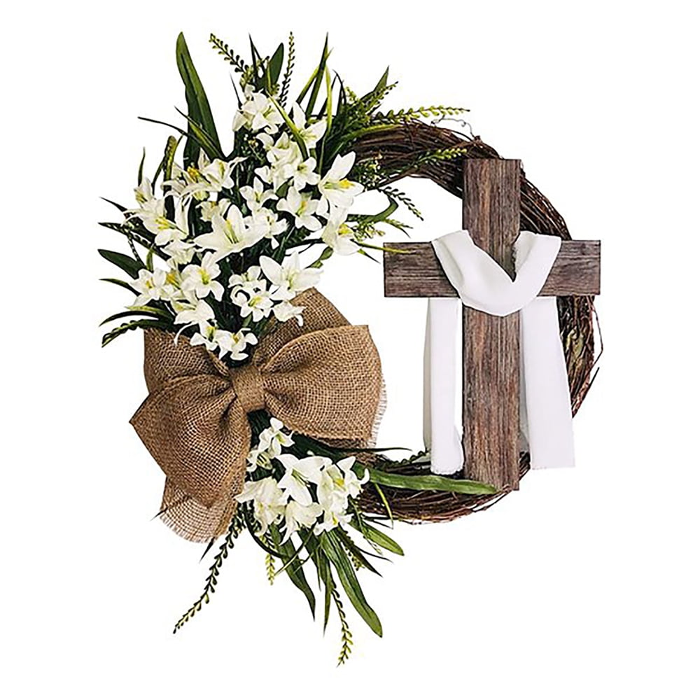 Easter Wreath with Cross Burlap Bow Rustic Grapevine Wreath Spring ...