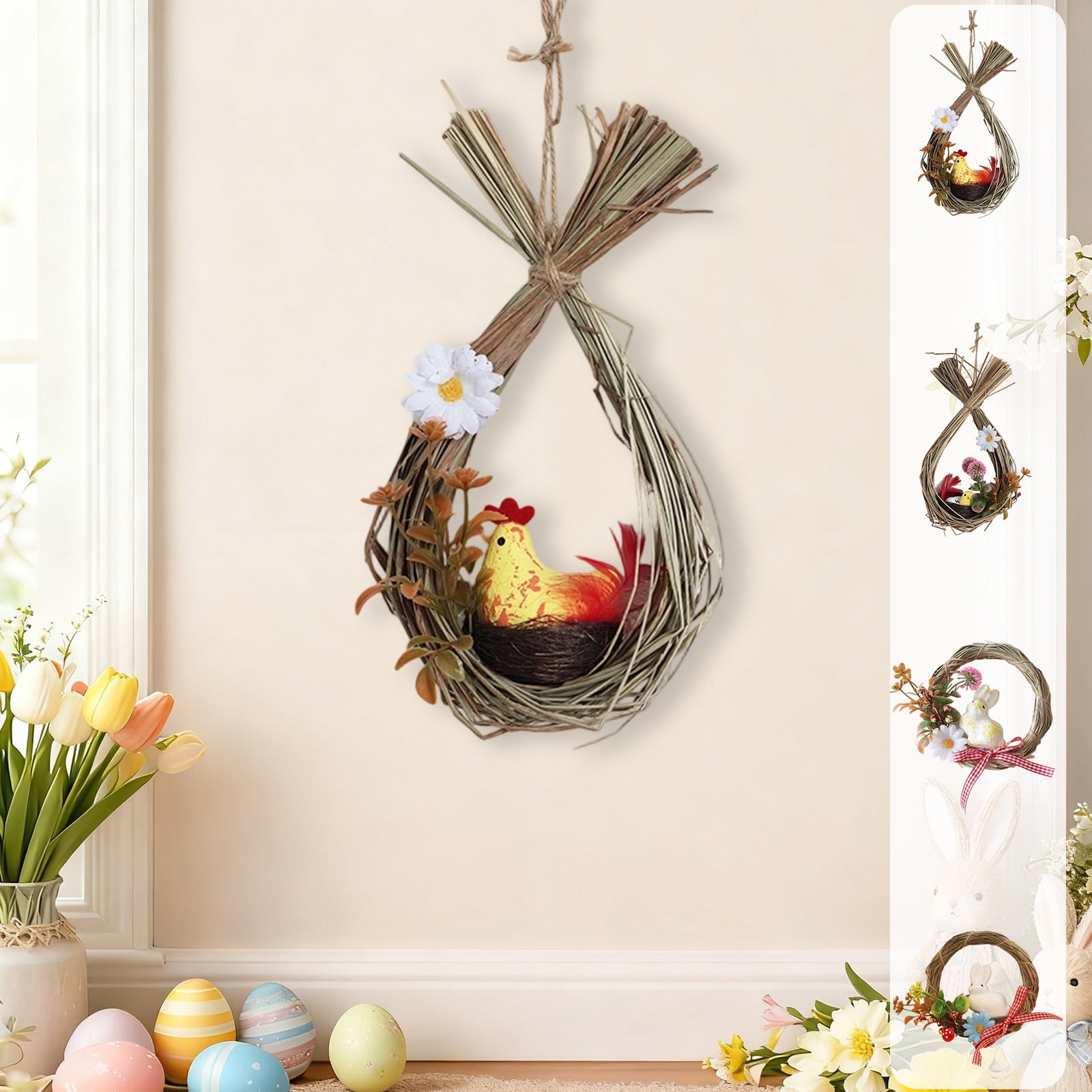 Easter Wreath Decoration with Chick Bird Nest Design, Natural Rattan ...