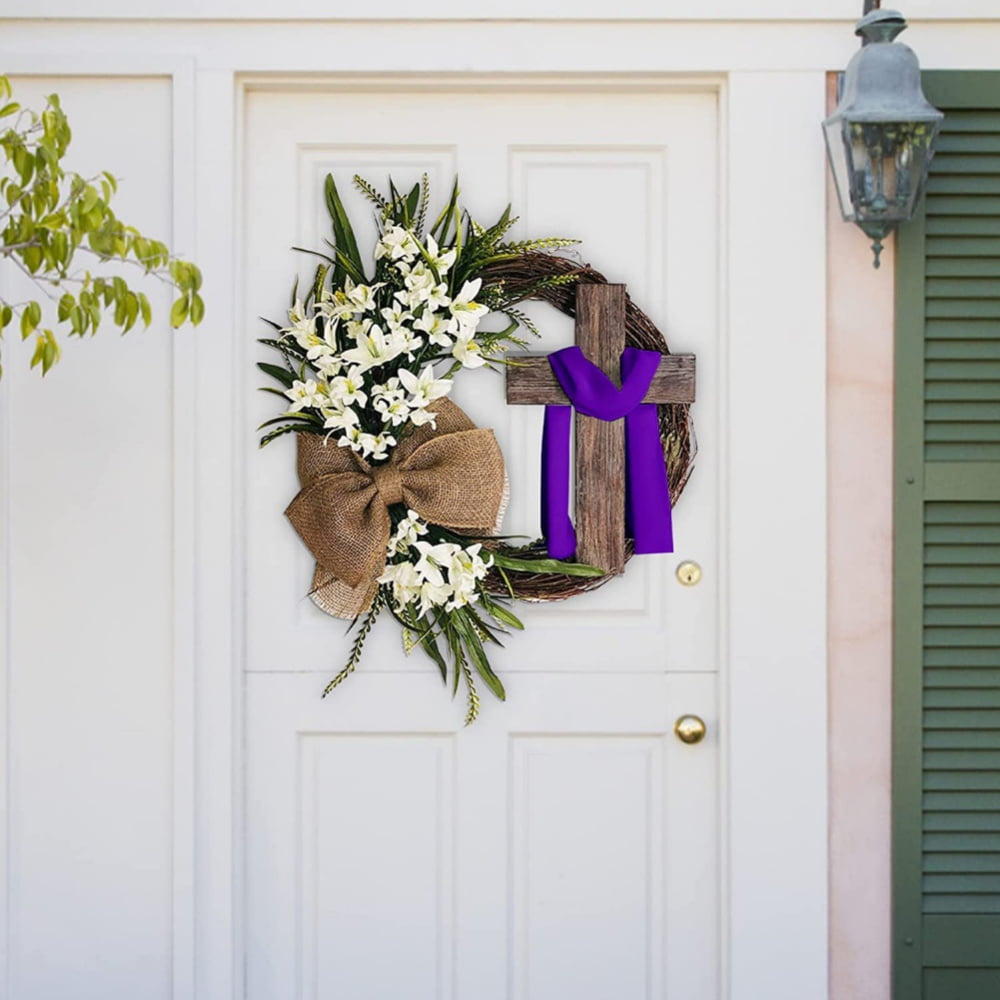 Easter Wreath Door Hanging Decoration with Cross, Rustic Bouquet ...