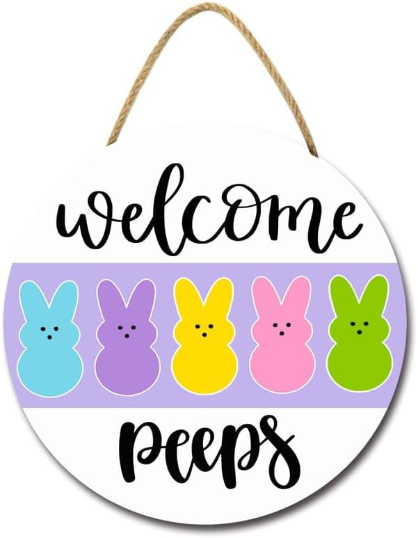 Easter Wreath Welcome Peeps Sign Easter Door Decorations Bunny Wooden ...