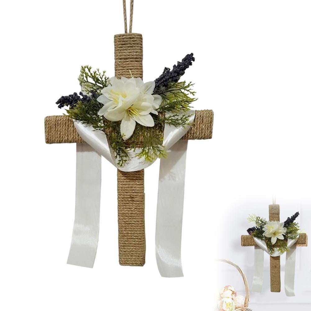 Easter Wreaths for Front Door, 14 Inch Cross Wreath Hanging Ornament ...