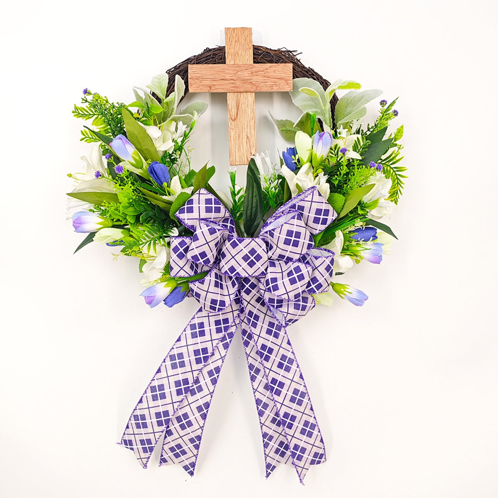 Easter Wreaths for Front Door - Wooden Cross Jesus Lily Flowers Welcome ...