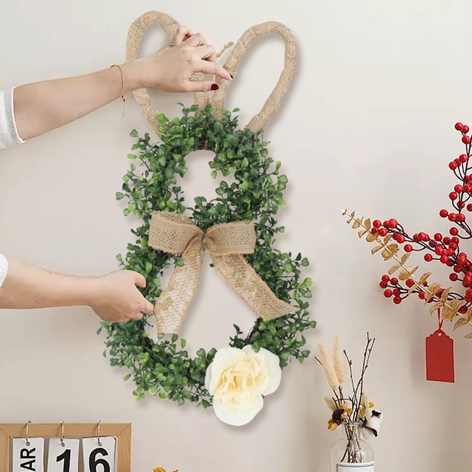 Easter Wreaths, Rustic Bunny Shaped Wreath with Burlap Bow and White ...