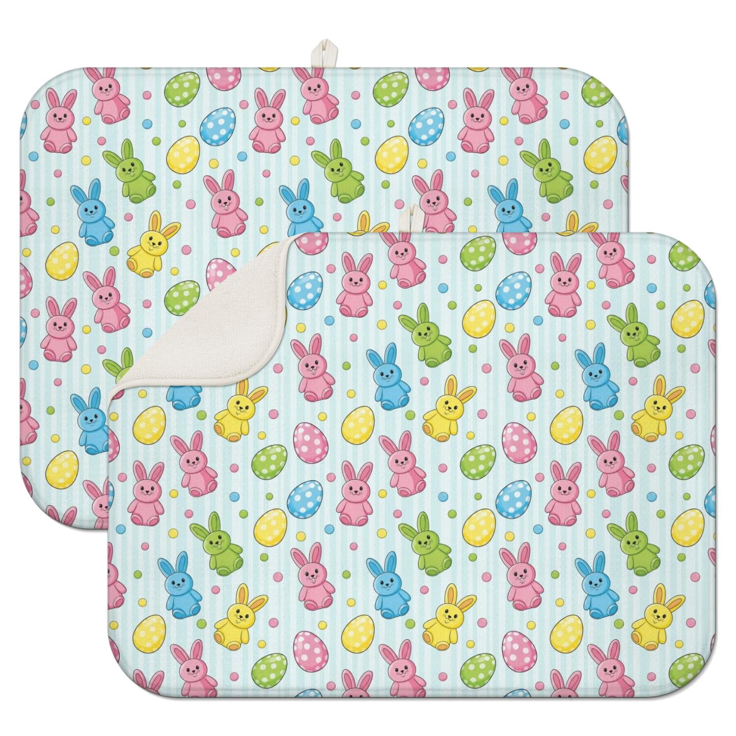 Easter and Bunnies Light Blue Stripe Pattern Dish Drying Mat 1 Pack ...