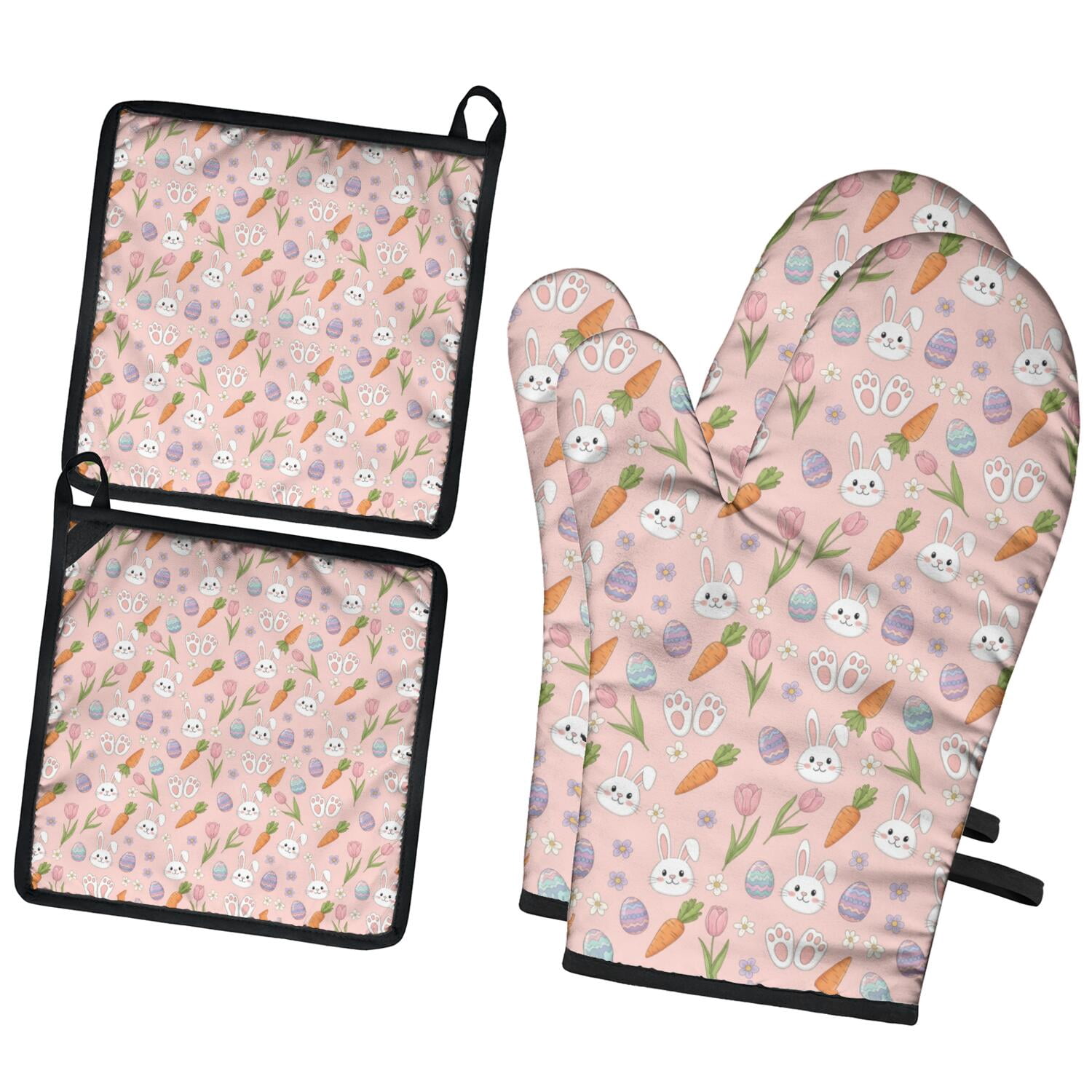 Easter and Bunny Paws Pink Pattern Kitchen Oven Mitt and Pot Holder Set ...