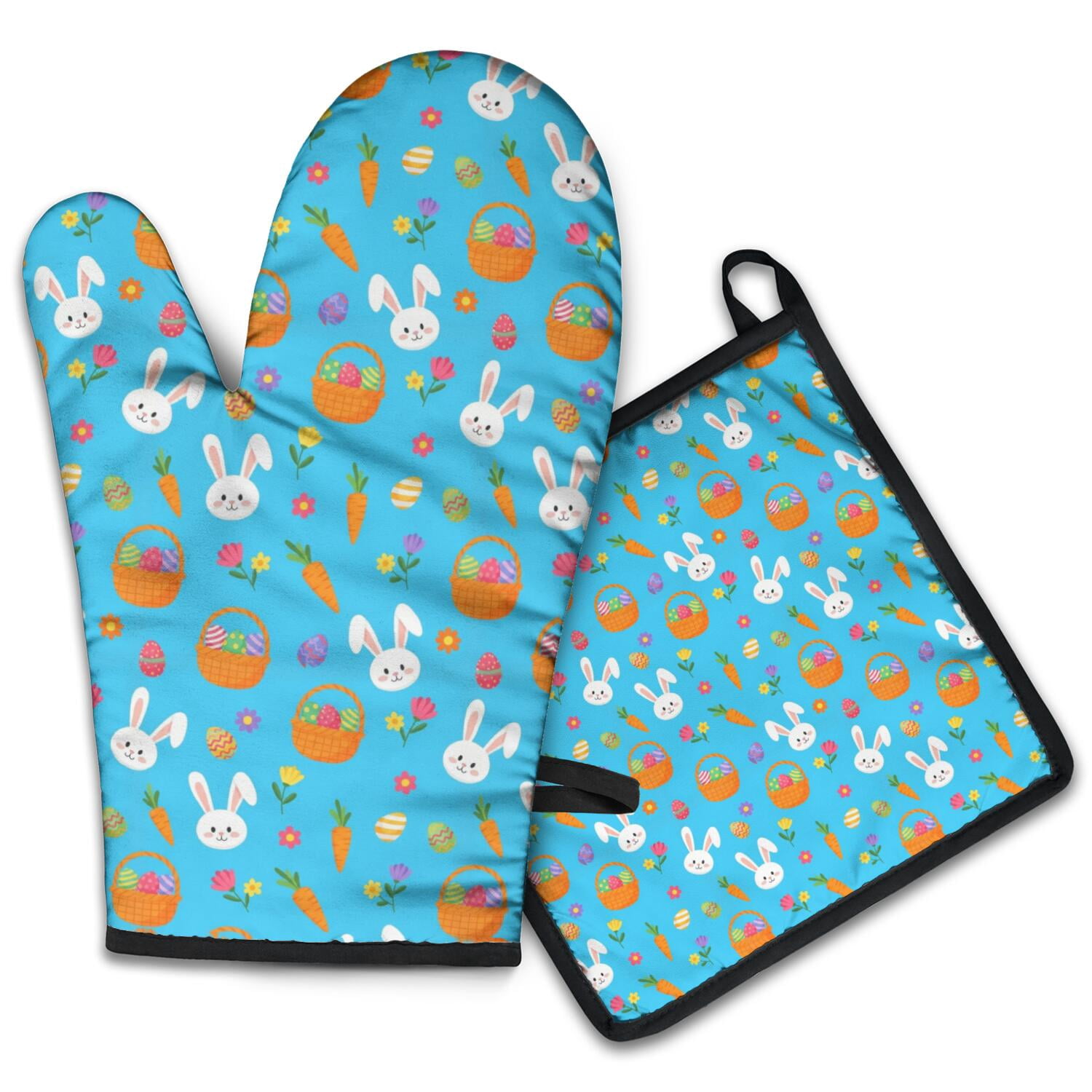 Easter and Carrots Bright Blue Pattern Kitchen Oven Mitt and Pot Holder ...