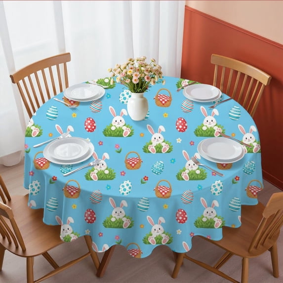 Easter and Wicker Baskets Blue Pattern Round Tablecloth 60", Wrinkle ...