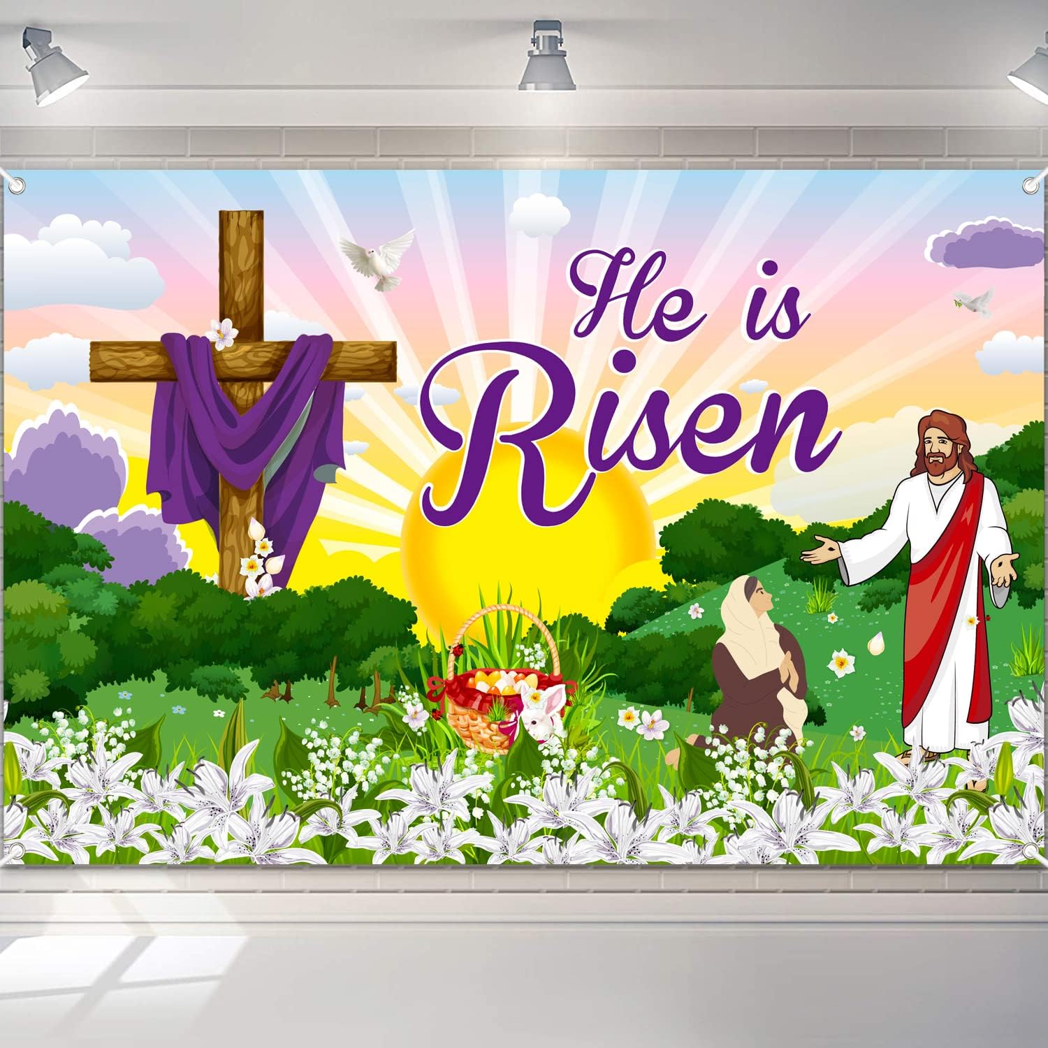 Easter jesus He is Risen Banner Backdrop Easter Jesus Cross Backdrop ...