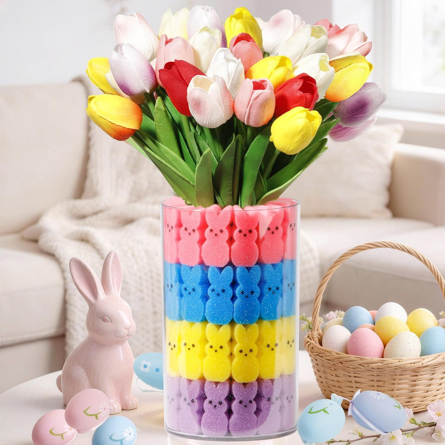 Easter tions-Vase in Vase 15pcs Artificial Tulips and 56 Peeps Bunnies ...