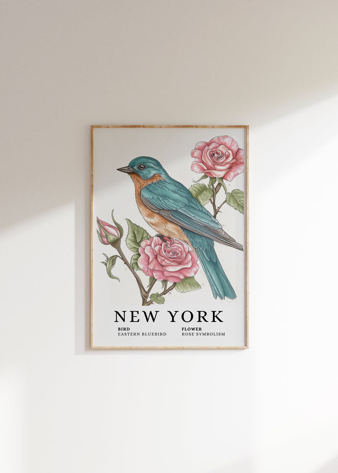 Eastern Bluebird & Rose Art Poster: New York State Bird, Unframed ...