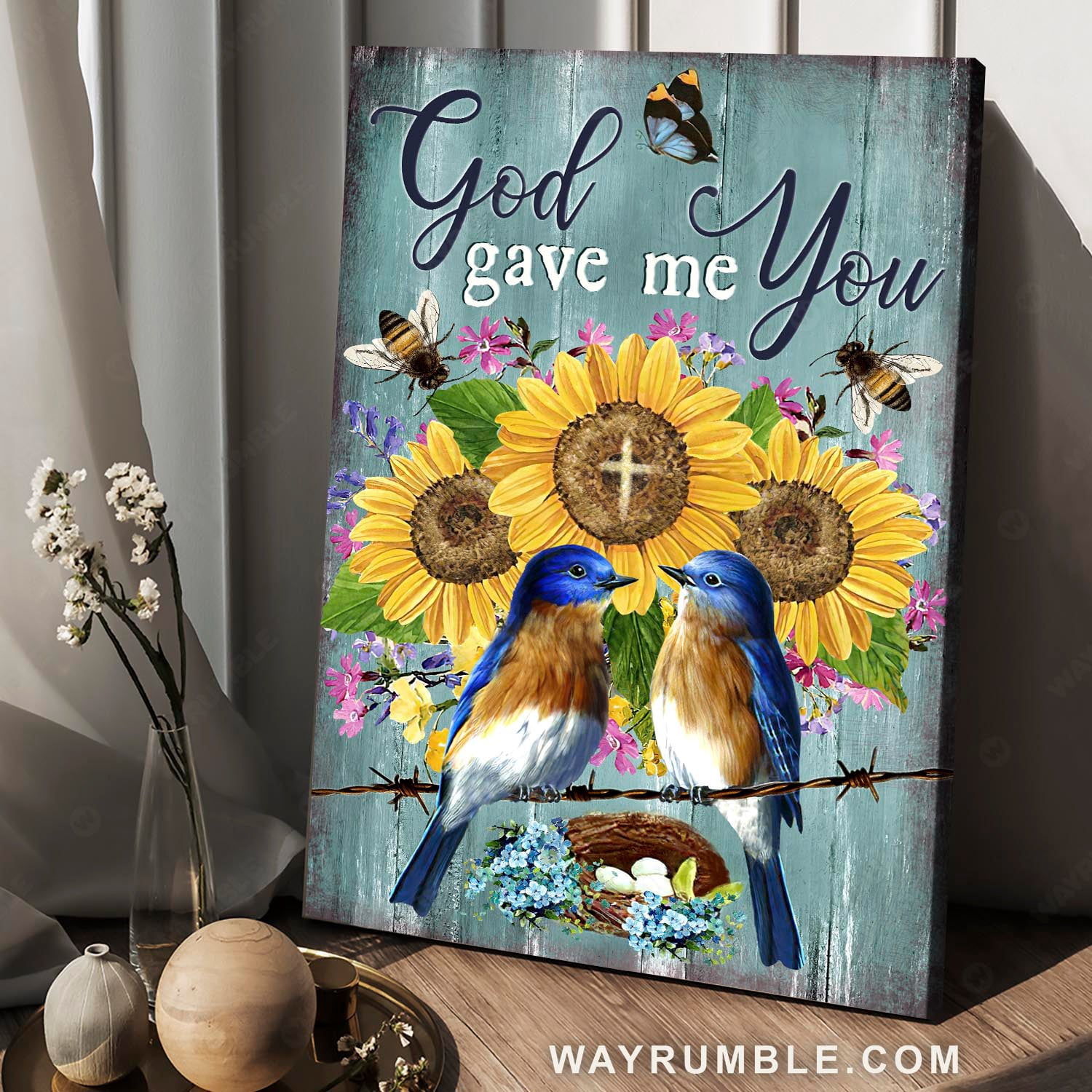 Eastern Bluebirds Bird Nest Sunflower God Gave Me You - Jesus Portrait ...