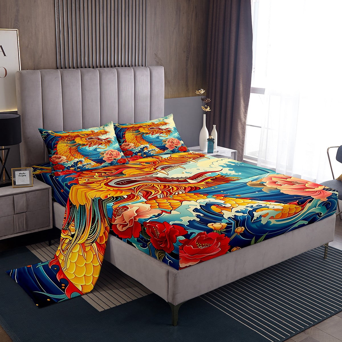 Eastern Dragon Full Sheets Vintage Retro Japanese Style Bed Set, Blue ...