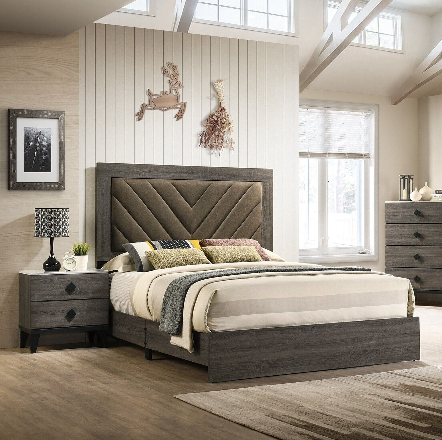 Eastern King Size Bed And 2x Nightstands Gray Finish Transitional ...