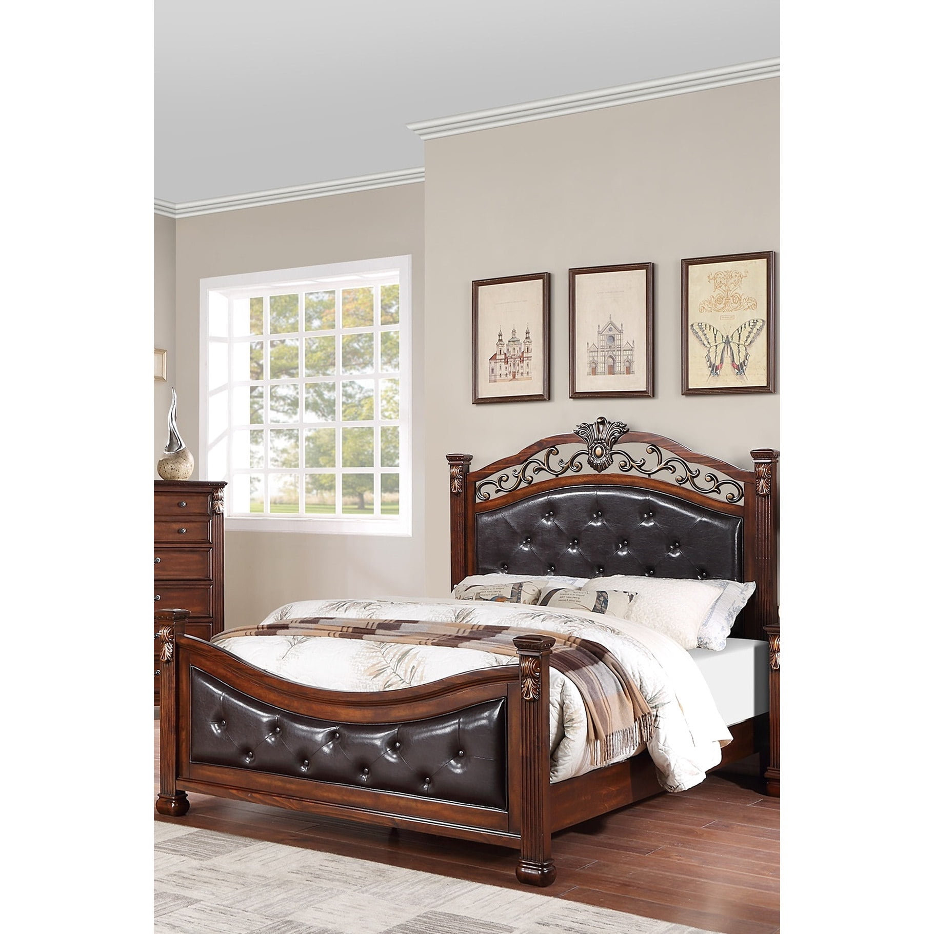 Eastern King Size Bed Frame, Dark Cherry Faux Leather Upholstered ...