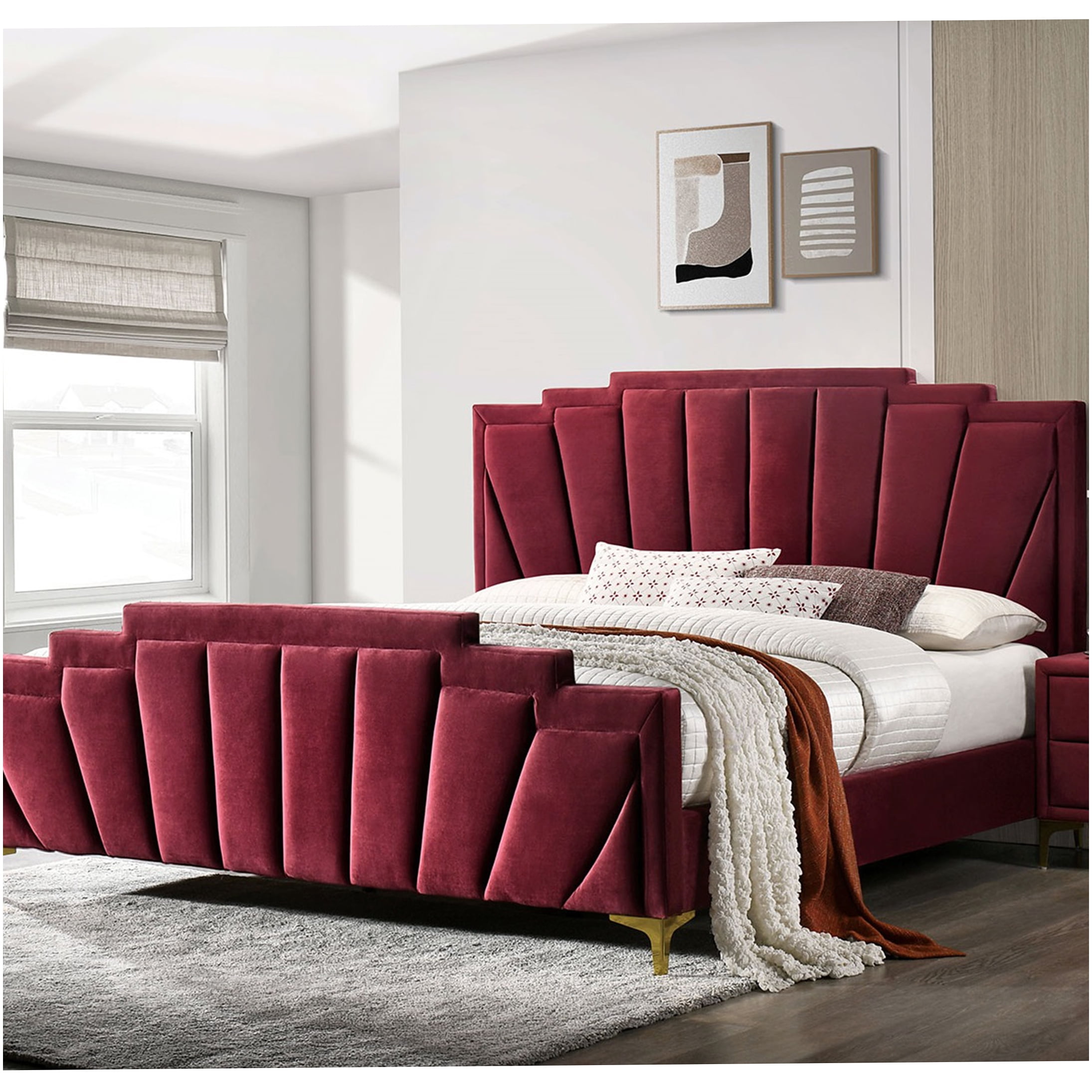 Eastern King Upholstered Bed Frame with Tufted Headboard and Gold Metal ...