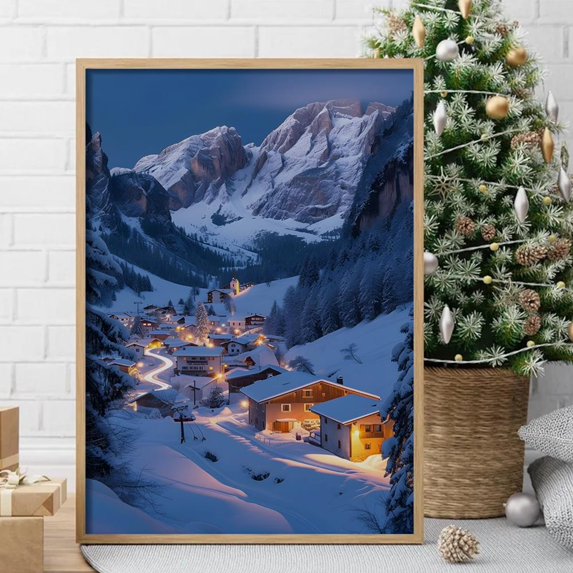 Eastern Print Alpine Winter Village Poster Snowy Mountain Winter ...