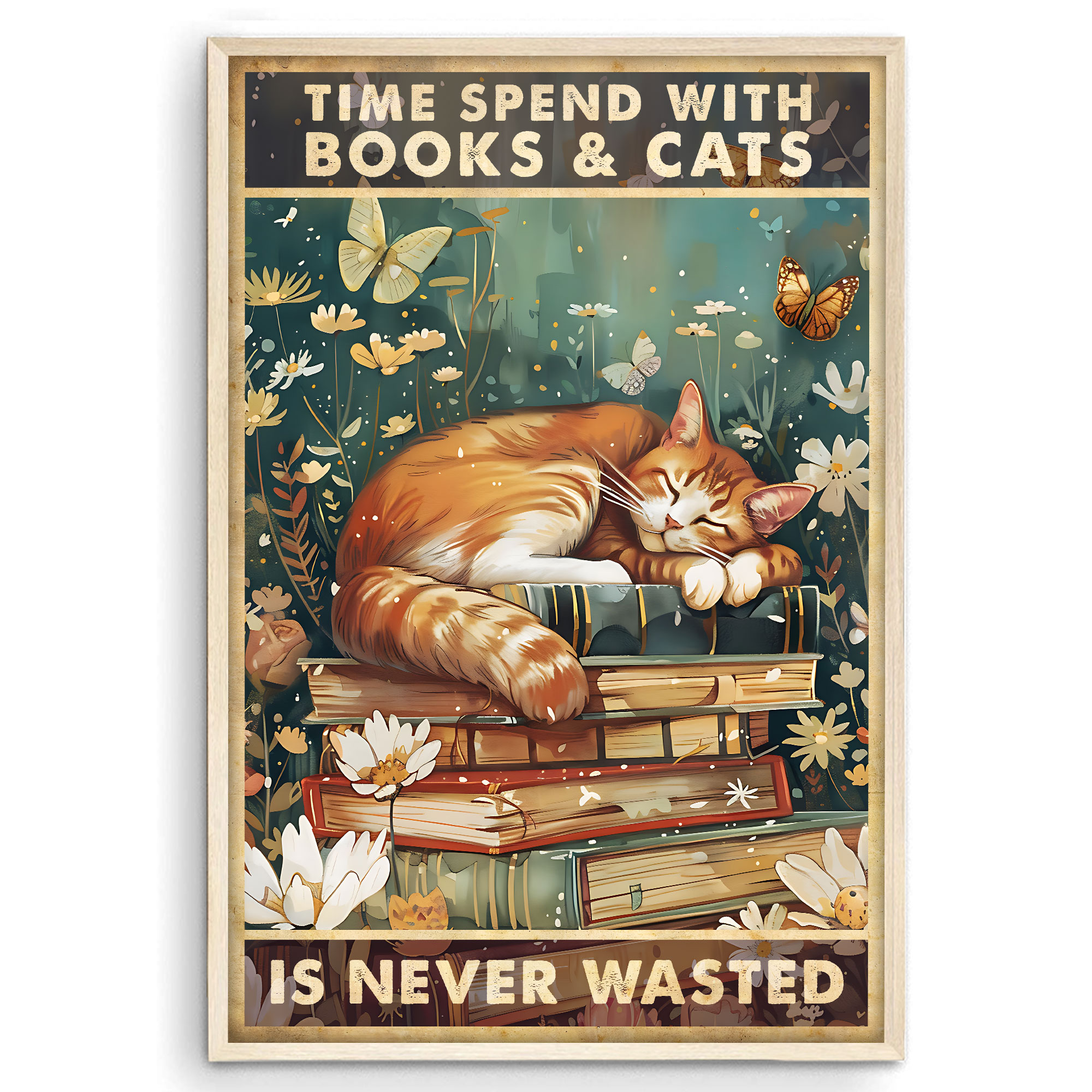 Eastern Print Book And Cat Posters Wall Art, Time is Never Wasted Retro ...