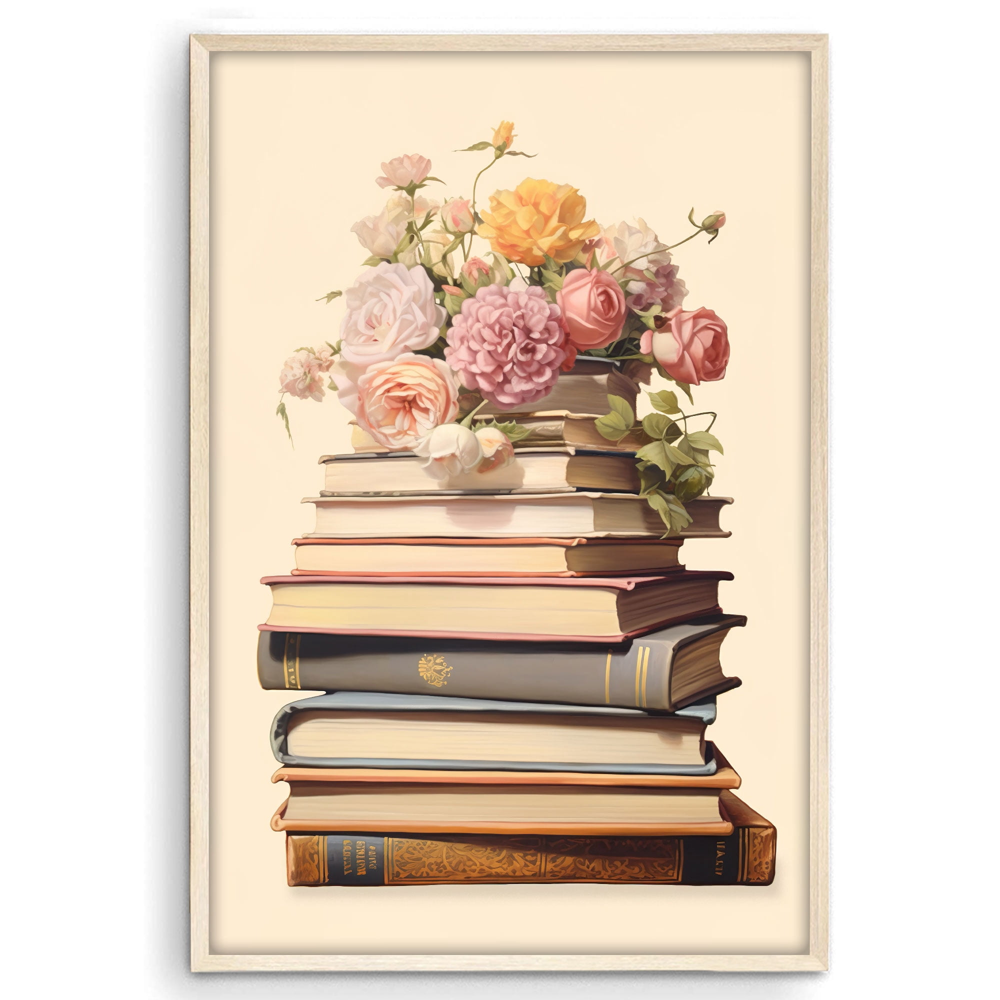 Eastern Print Flower Stack of Books Poster Wall Art, Aesthetic Spring ...