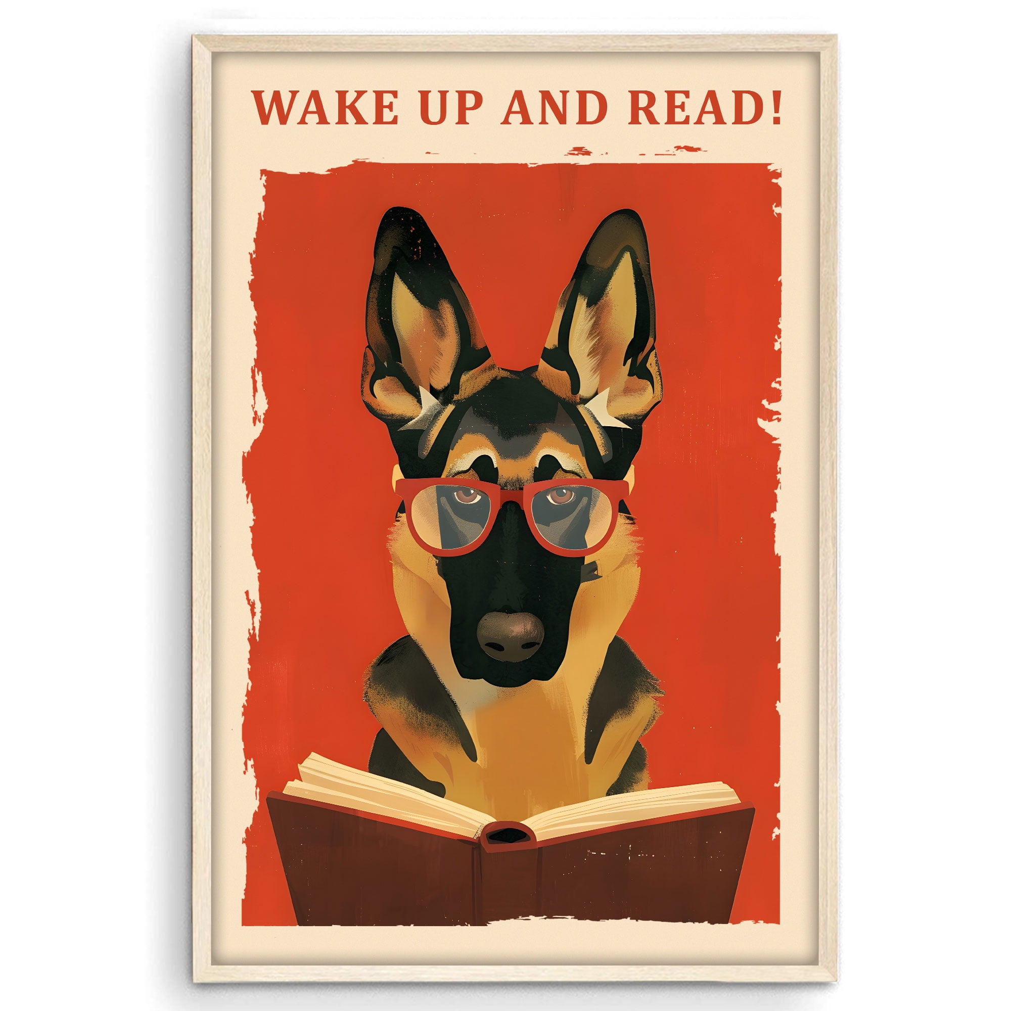 Eastern Print German Shepherd Dog Read Book Poster Wall Art, Wake Up ...