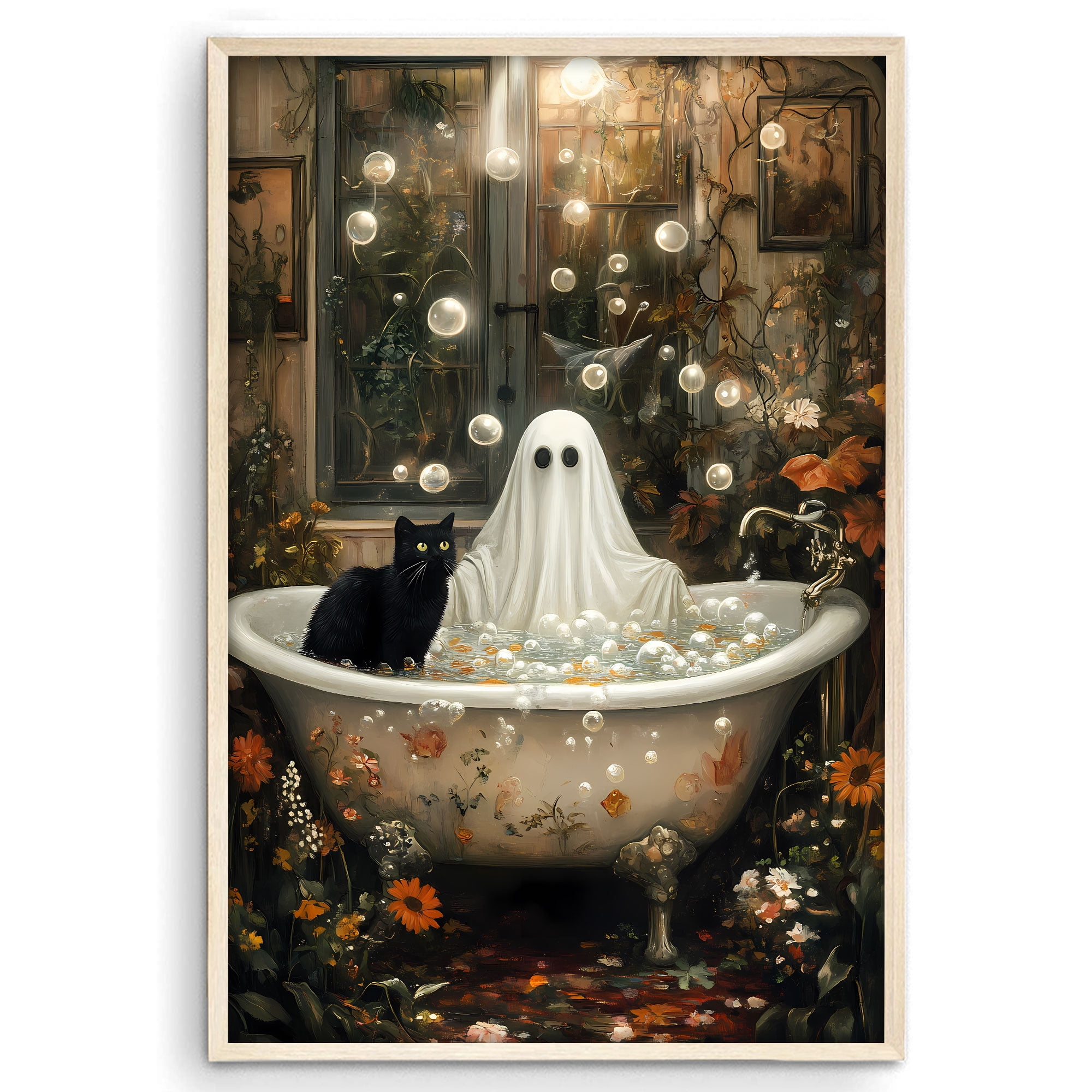 Eastern Print Halloween Decor Print Ghost In Bathtub With Black Cat ...