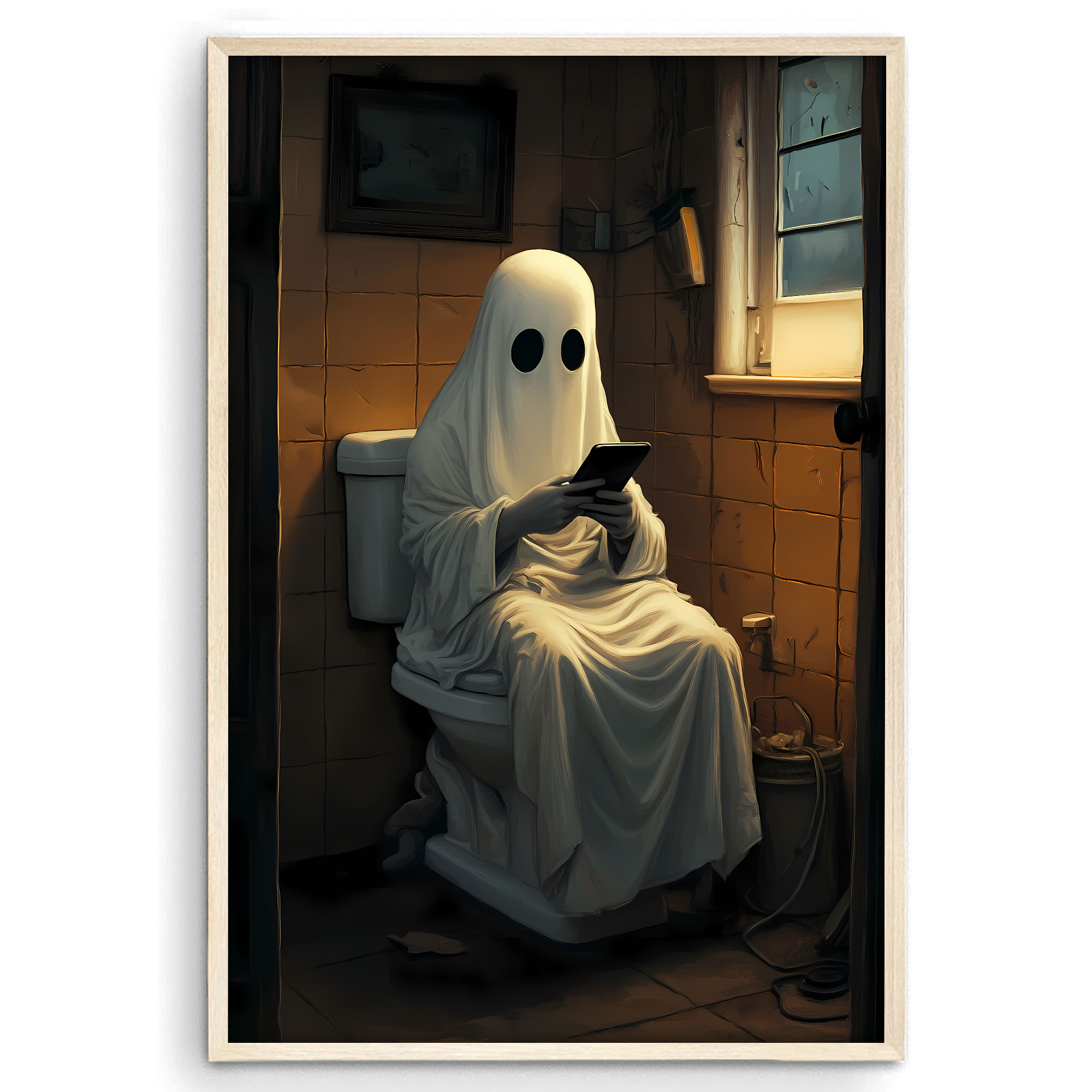 Eastern Print Print Ghost Playing Smartphone Painting Poster, Dark ...