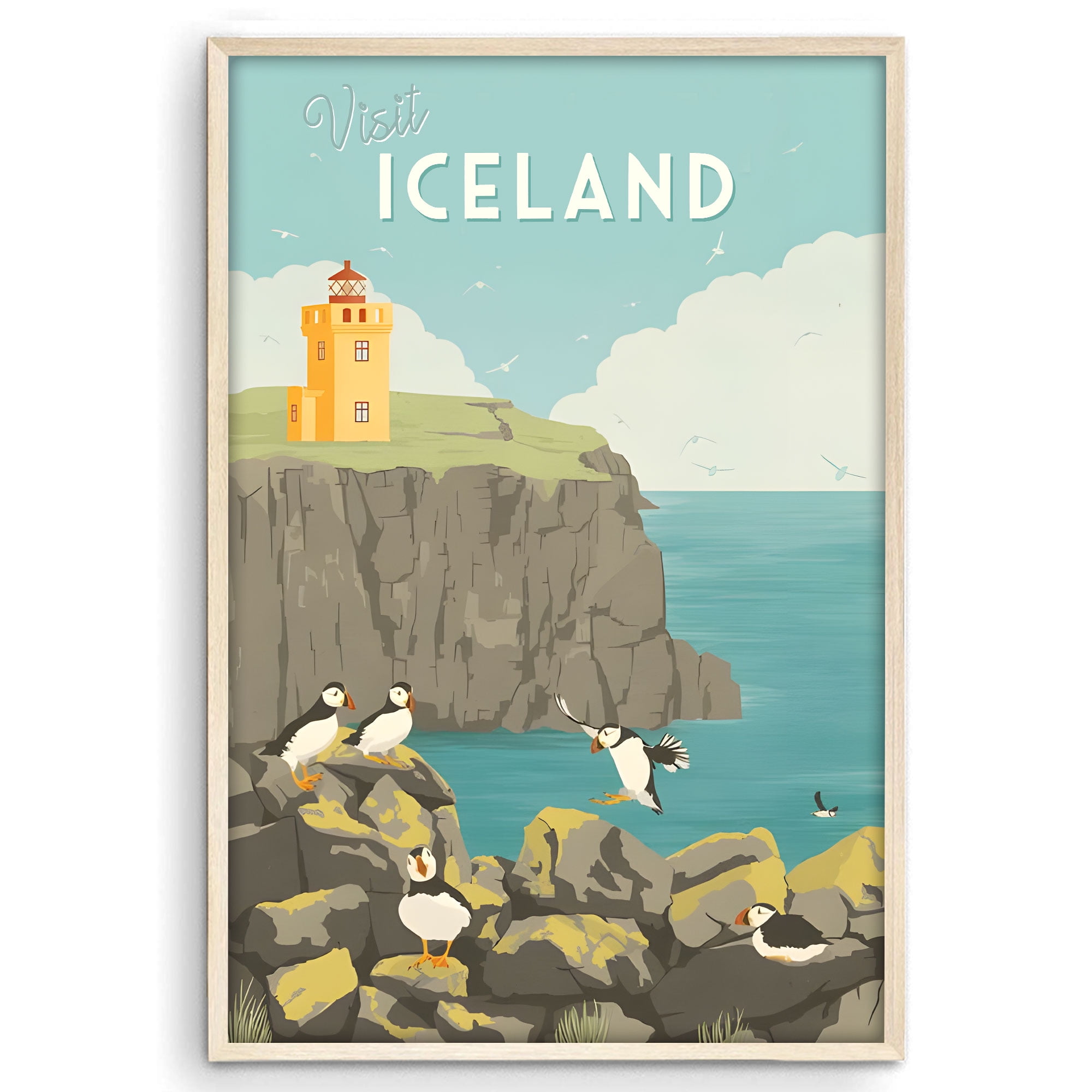 Eastern Print Iceland Travel Poster - Puffins, Blue Lagoon & Reykjavik Scenic Wall Art, Size ...