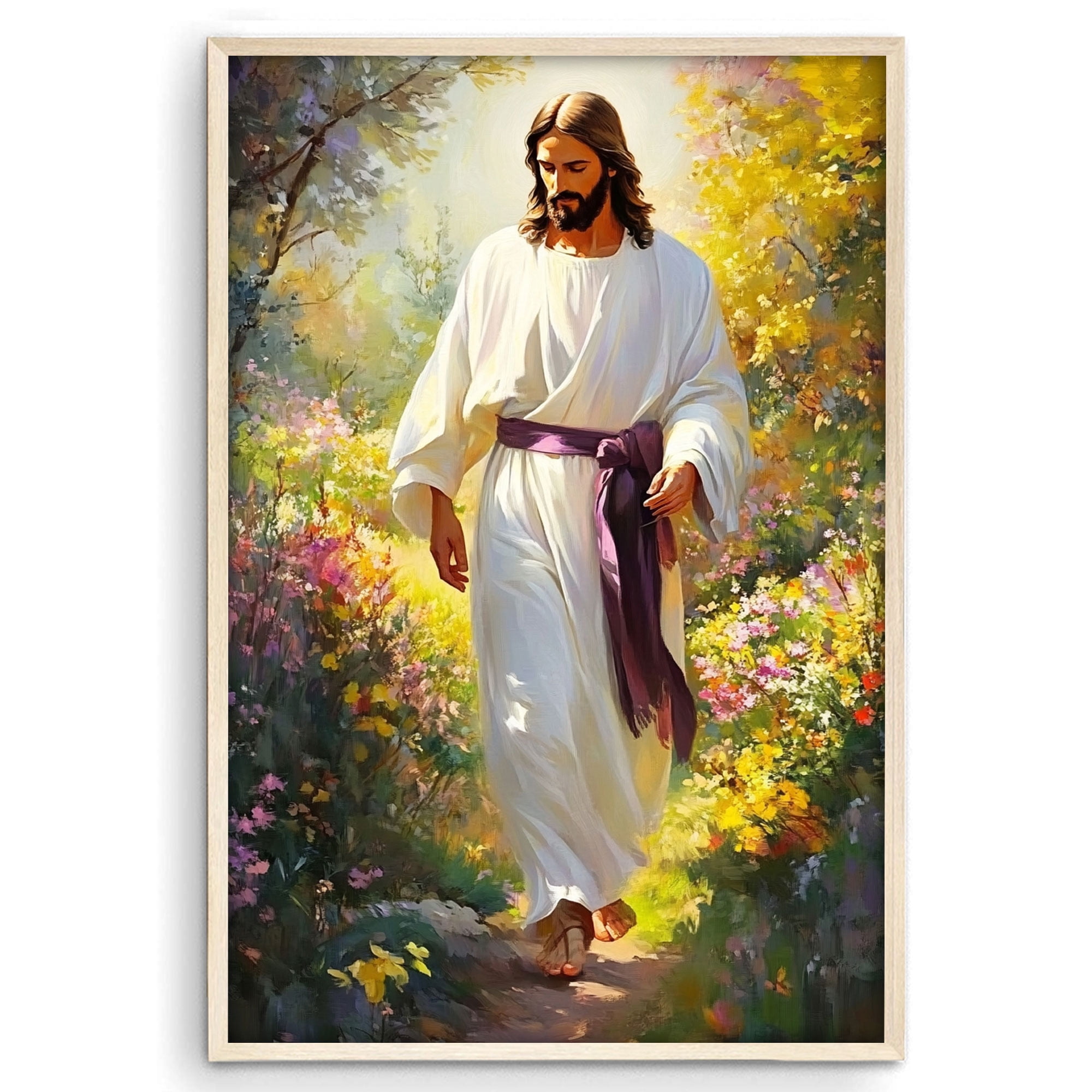 Eastern Print Jesus Walking In Field Of Flowers, Jesus Art Wall Decor ...